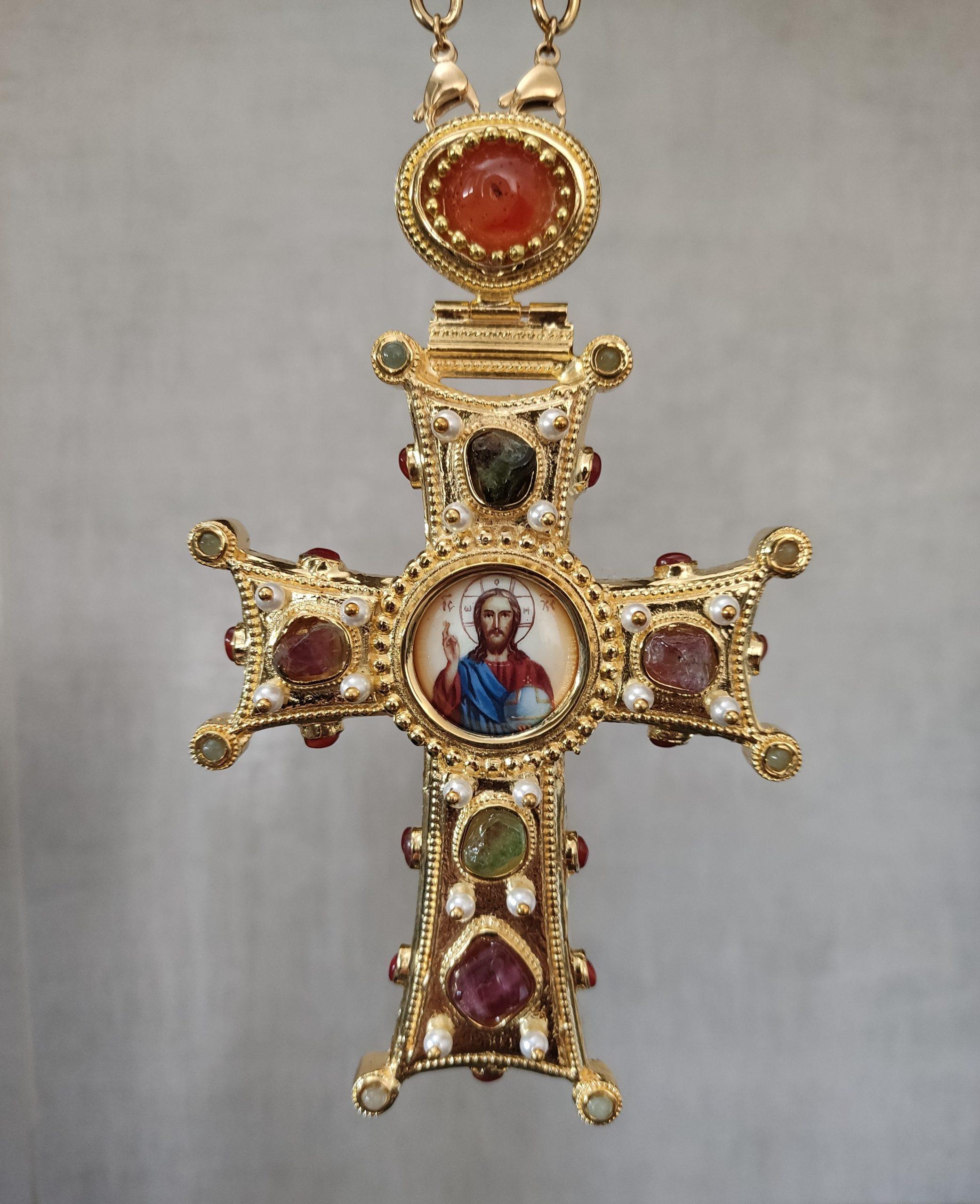 Exquisite Handmade Pectoral Cross with Zircon Stones - Byzantine Art